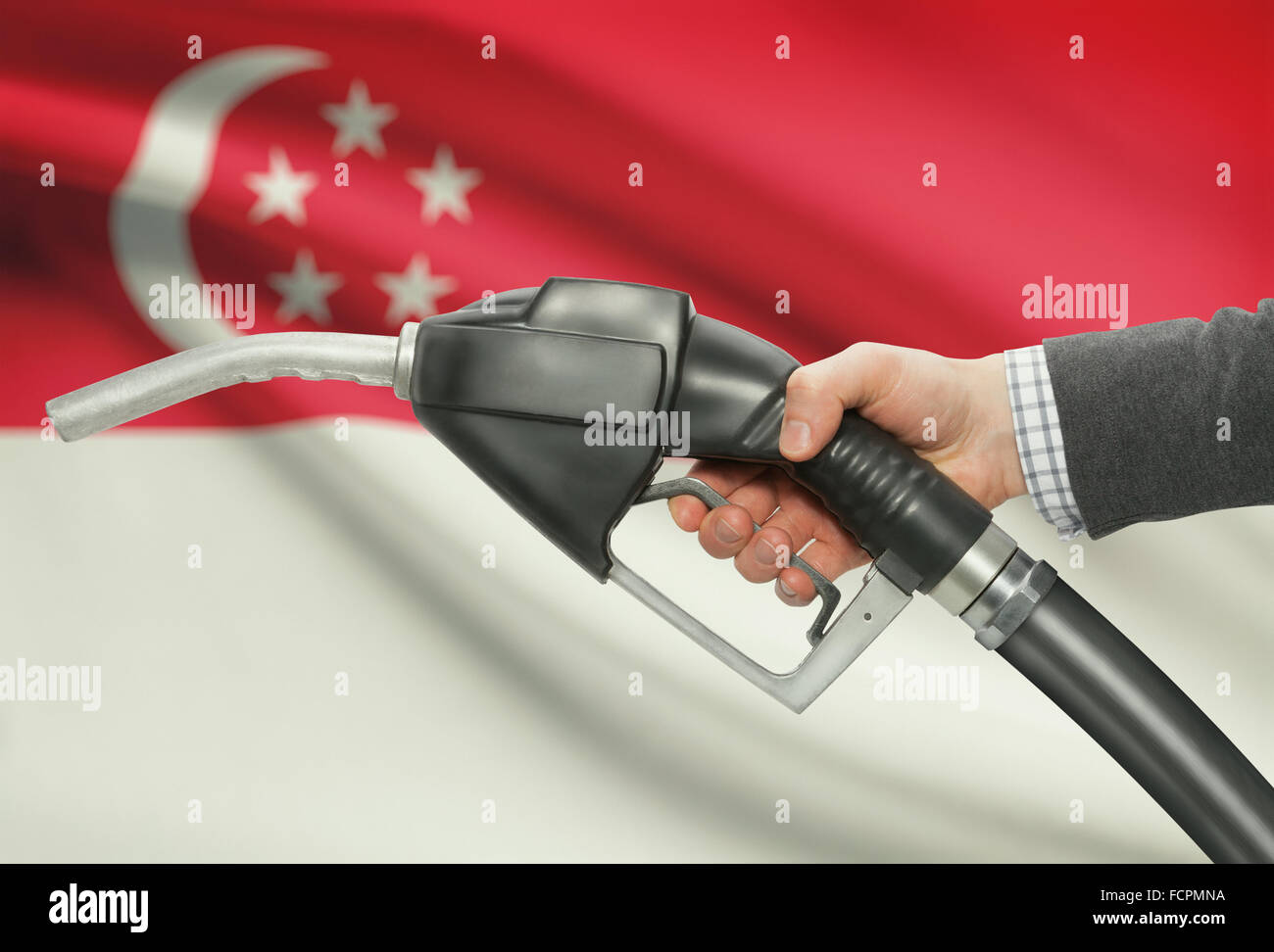 Fuel pump nozzle in hand with flag on background - Singapore Stock ...