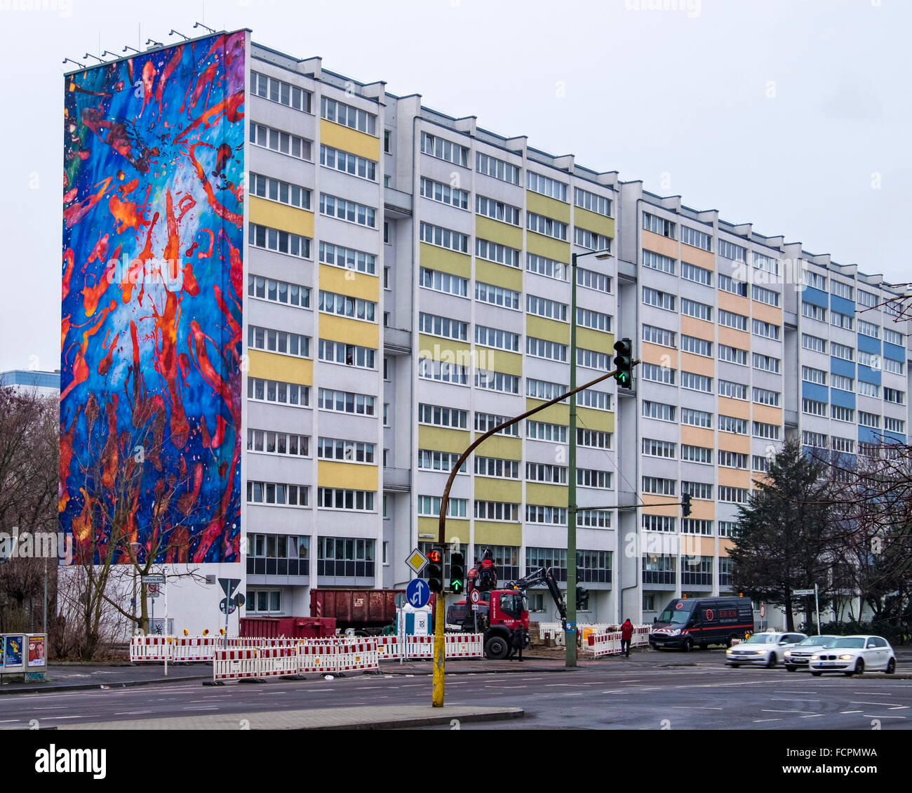 Colourful art on firewall of apartment building in Frankfurter Allee ...