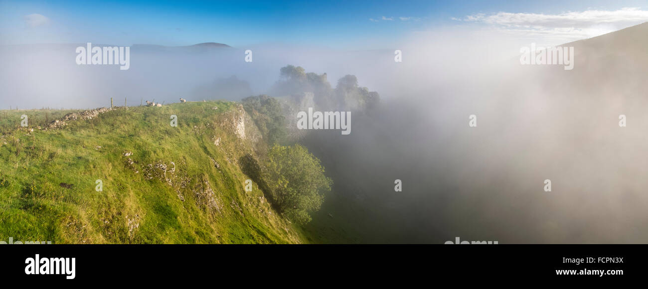 A misty autumn morning in Cavedale, Castleton in the Peak District ...