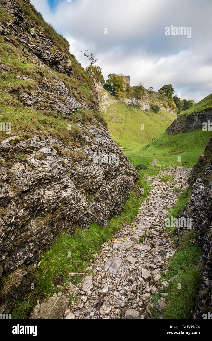 Peveril castle as seen from Cave dale in Castleton, Derbyshire. A ...