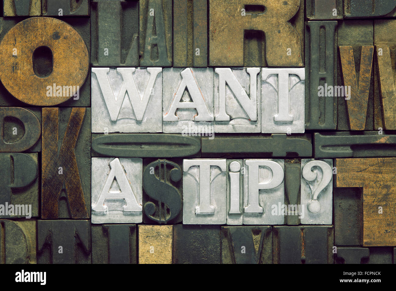 want a tip question made from metallic letterpress blocks in mixed ...