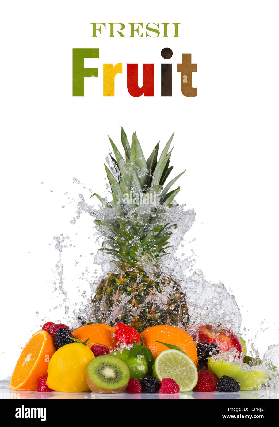 Fresh fruit in water splash on white background Stock Photo - Alamy