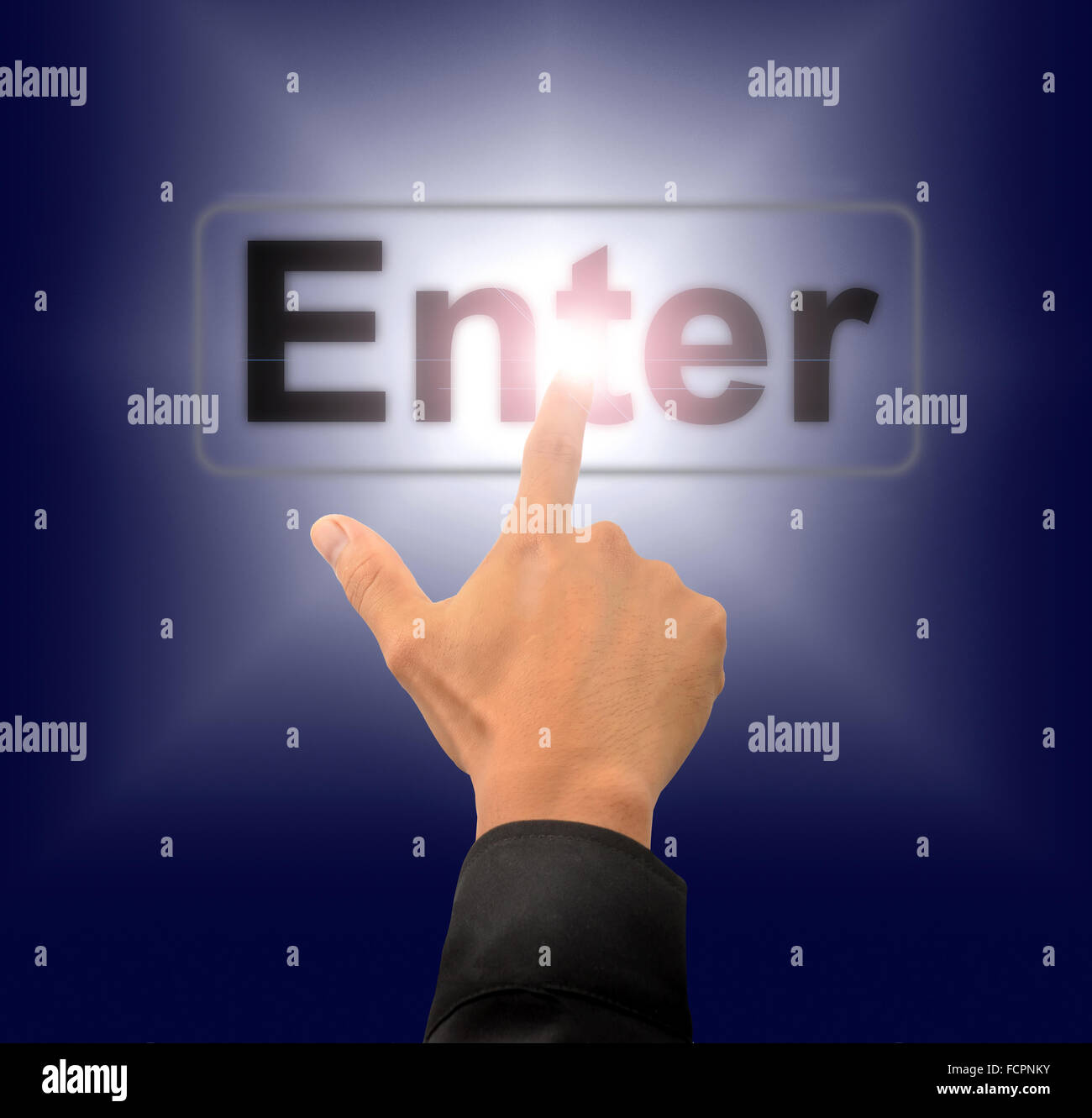 finger push enter button on touch screen interface Stock Photo - Alamy