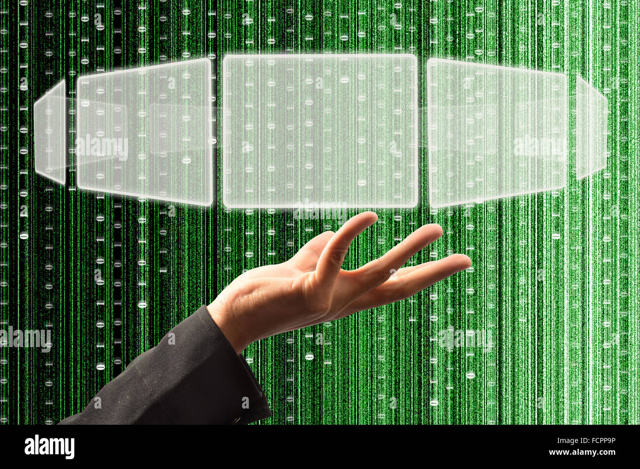 hand hold a touch screen interface with digital matrix background Stock ...