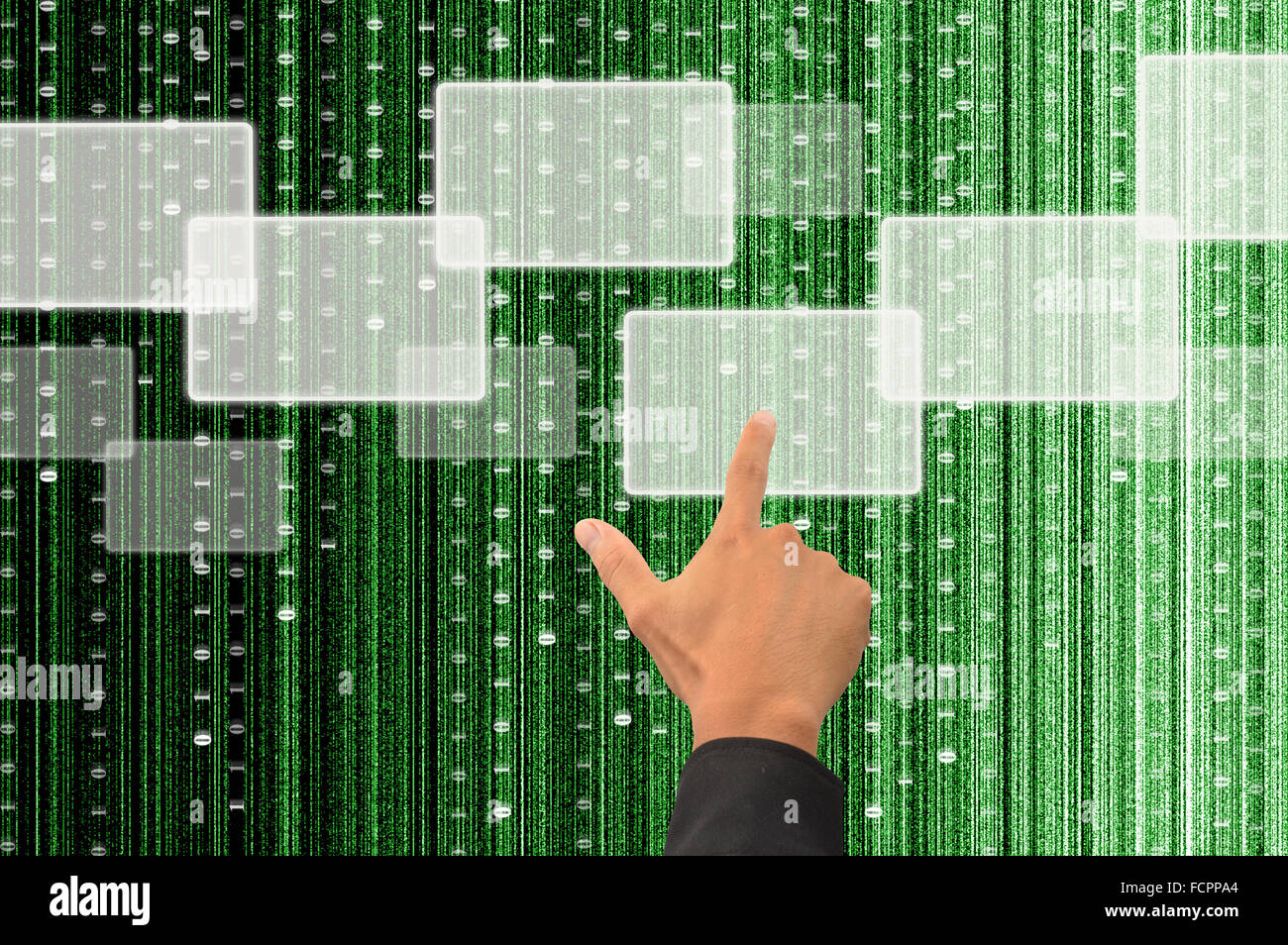 hand pushing a button on a touch screen interface with digital matrix ...