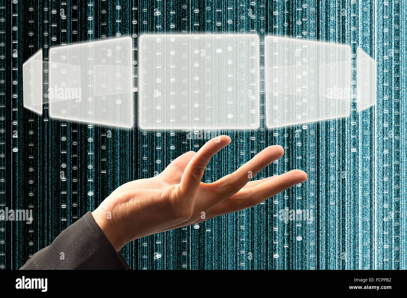 hand hold a touch screen interface with digital matrix background Stock ...