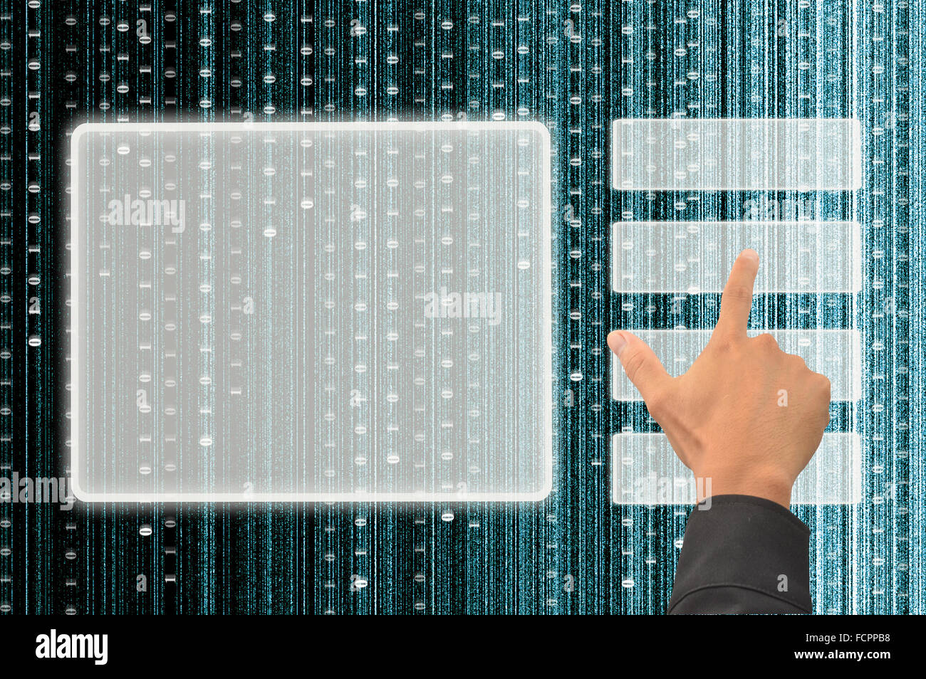 hand pushing a button on a touch screen interface with digital matrix ...