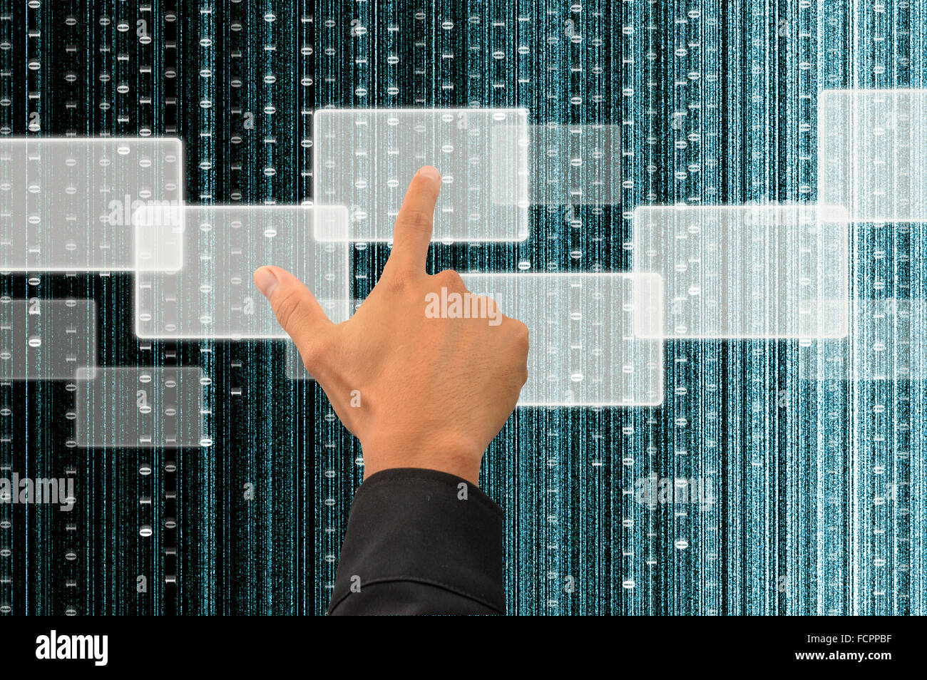 hand pushing a button on a touch screen interface with digital matrix ...