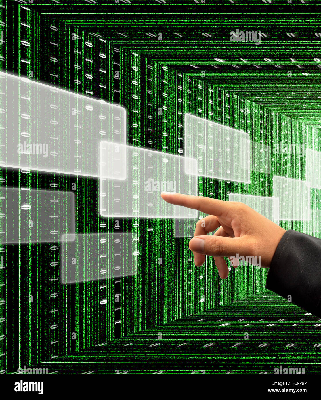 hand pushing a button on a touch screen interface with digital matrix ...