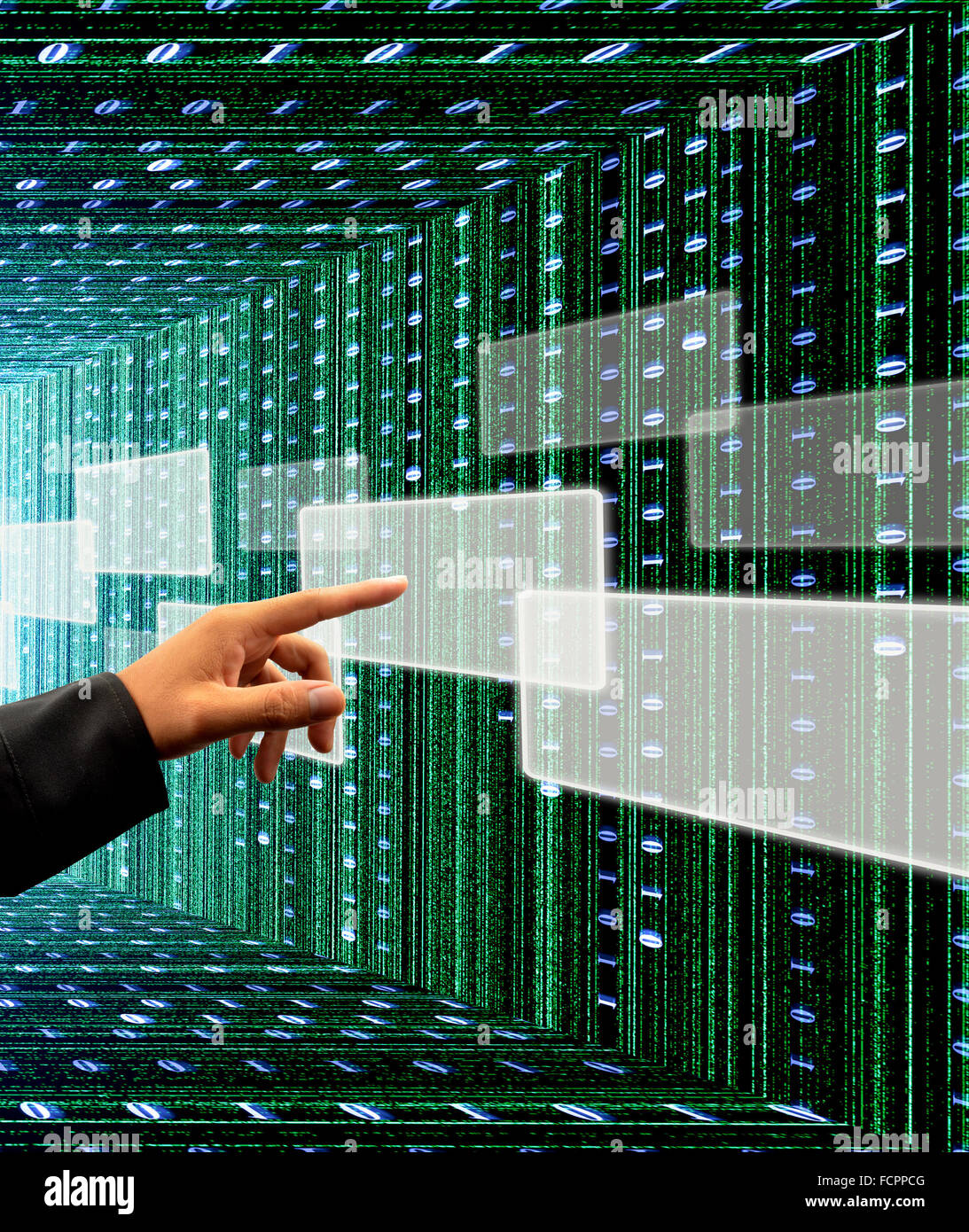 hand pushing a button on a touch screen interface with digital matrix ...