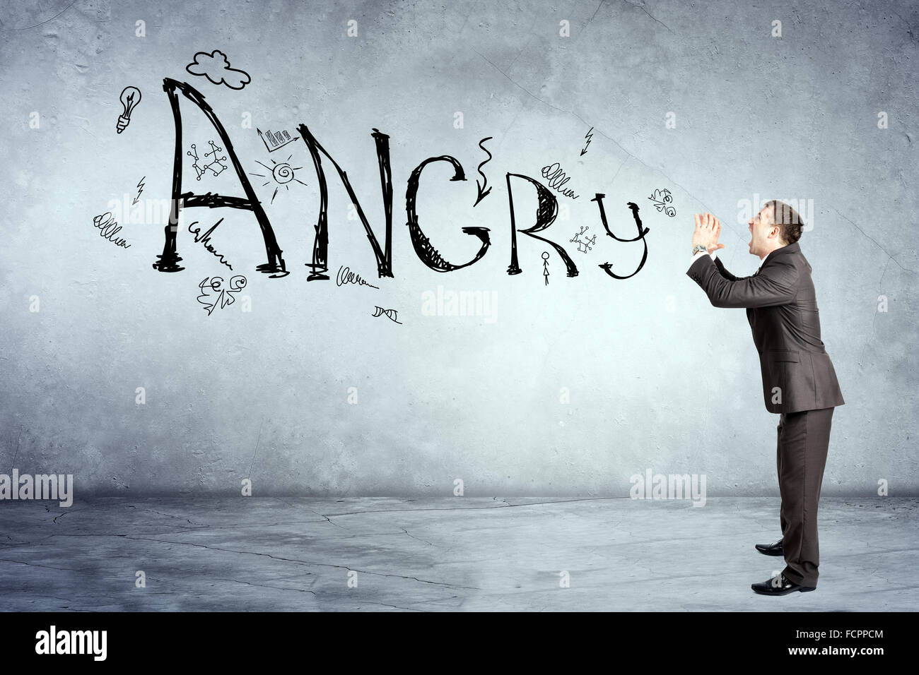 Businessman screaming word angry Stock Photo - Alamy