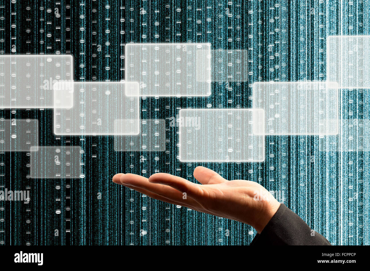 hand hold a touch screen interface with digital matrix background Stock ...
