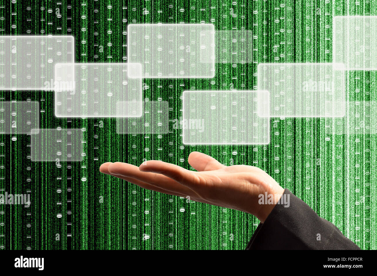 hand hold a touch screen interface with digital matrix background Stock ...