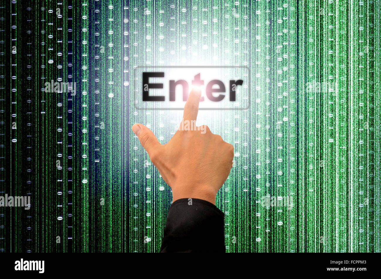 hand pushing a button on a touch screen interface with digital matrix ...