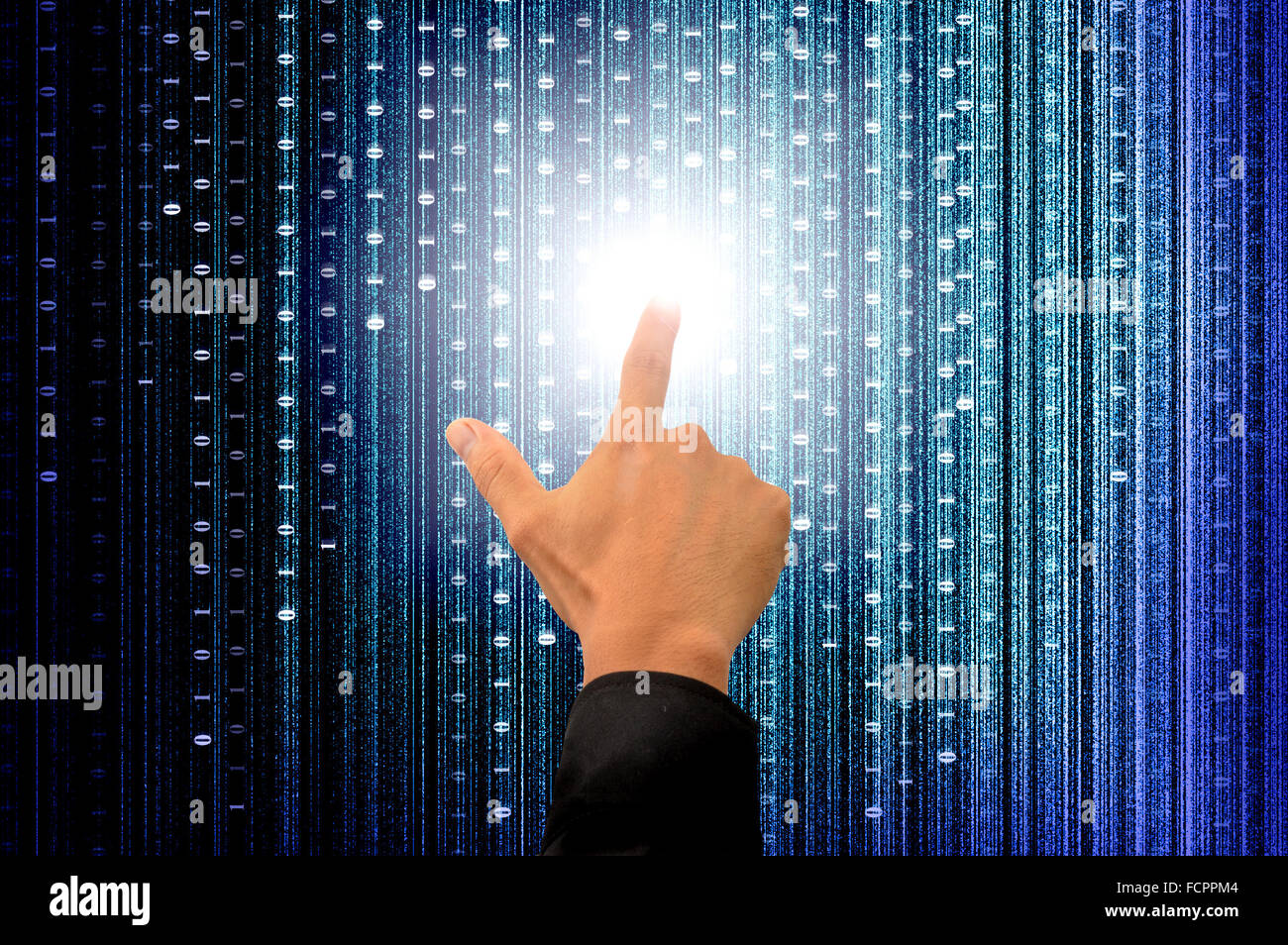 hand pushing a button on a touch screen interface with digital matrix ...