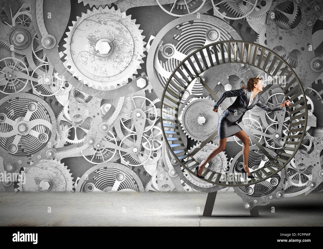 Young businesswoman running in wheel of gears mechanism Stock Photo - Alamy