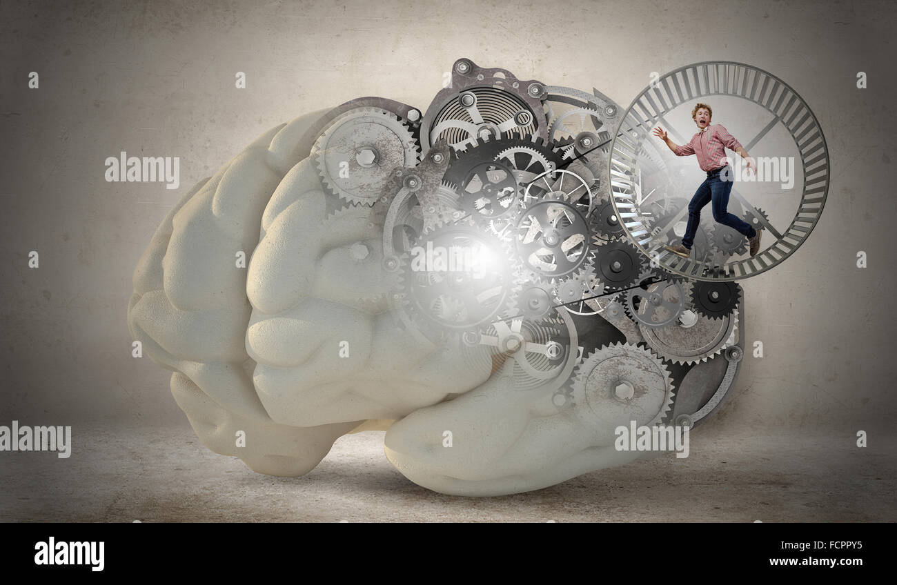 Young businessman running in wheel of gears mechanism Stock Photo - Alamy
