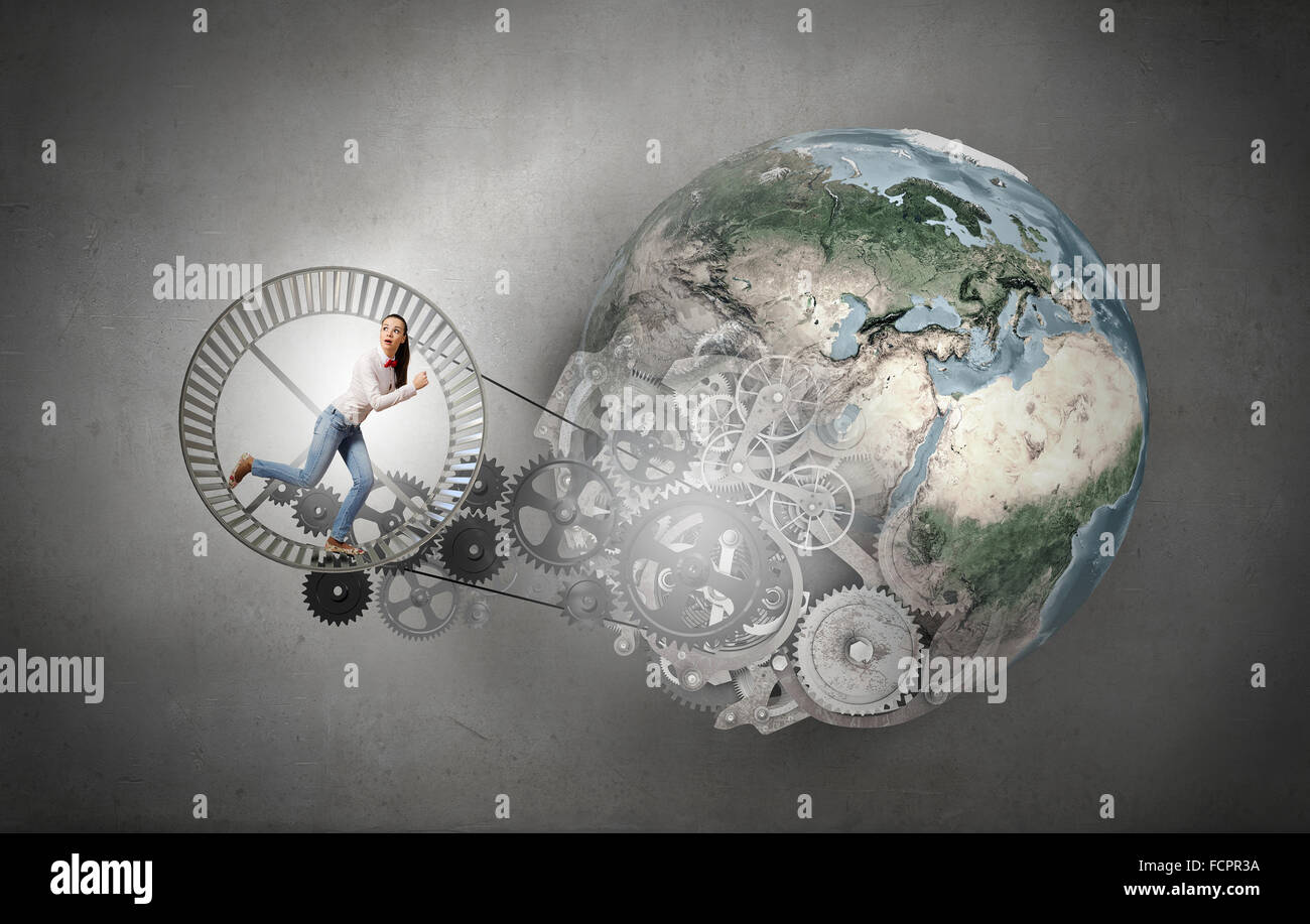 Young businesswoman running in wheel of gears mechanism. Elements of ...