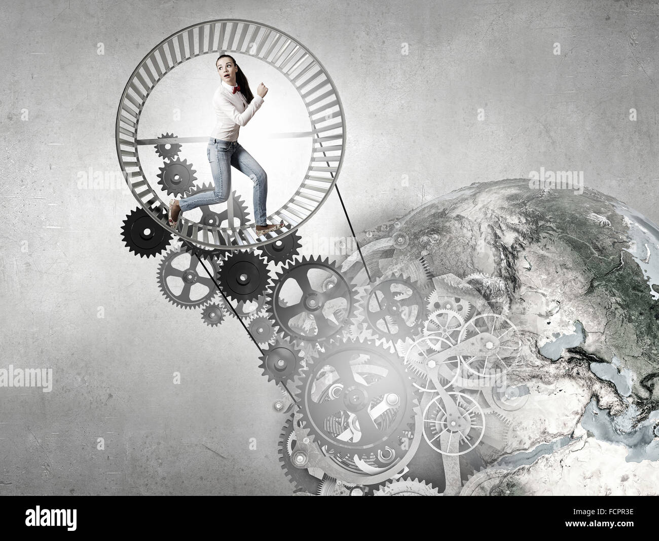 Young businesswoman running in wheel of gears mechanism. Elements of ...