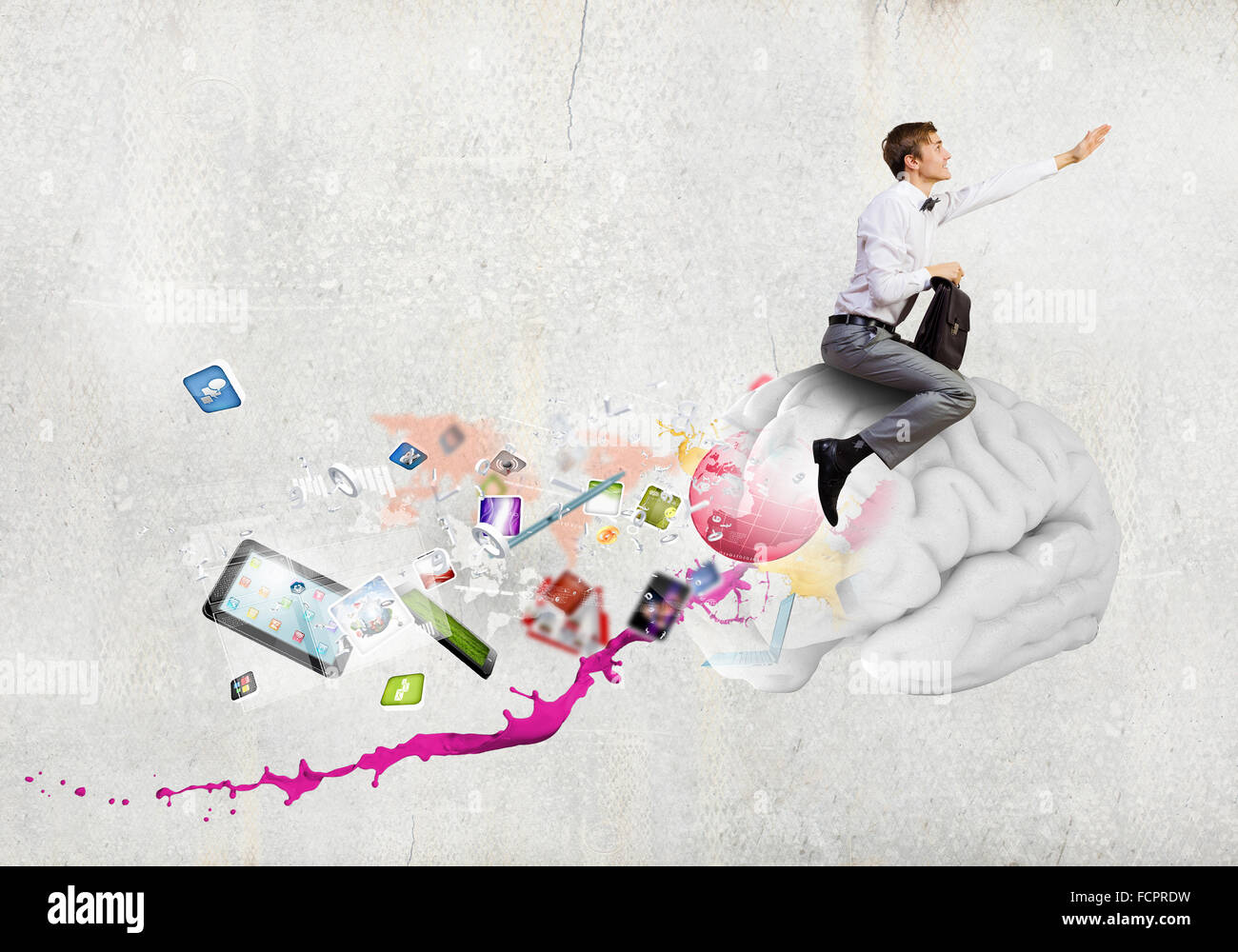 Conceptual image of young businessman riding human brain Stock Photo ...