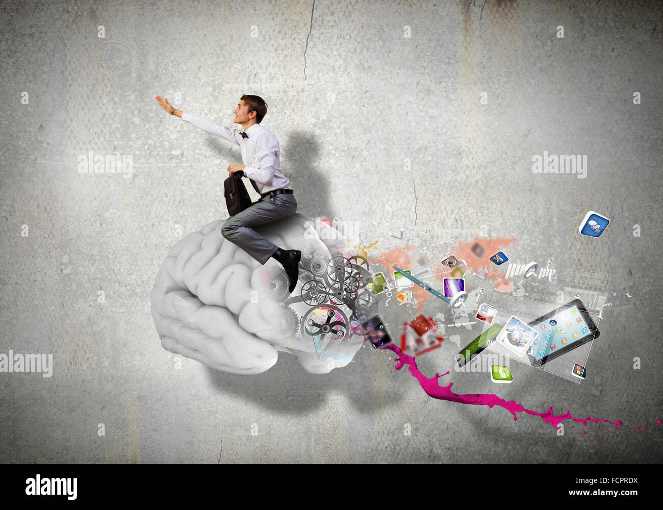Conceptual image of young businessman riding human brain Stock Photo ...