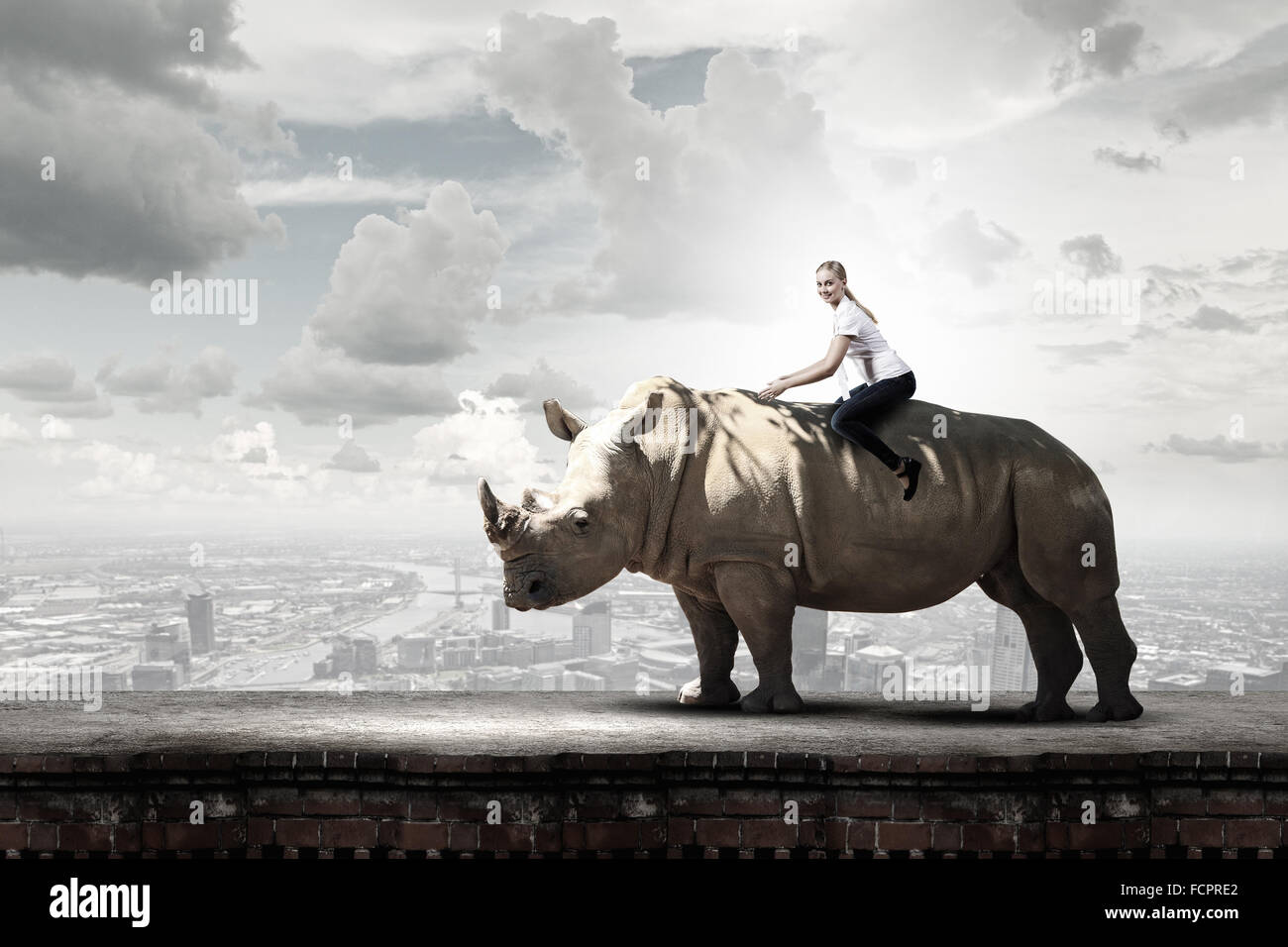 Young pretty fearless woman riding huge rhino Stock Photo - Alamy