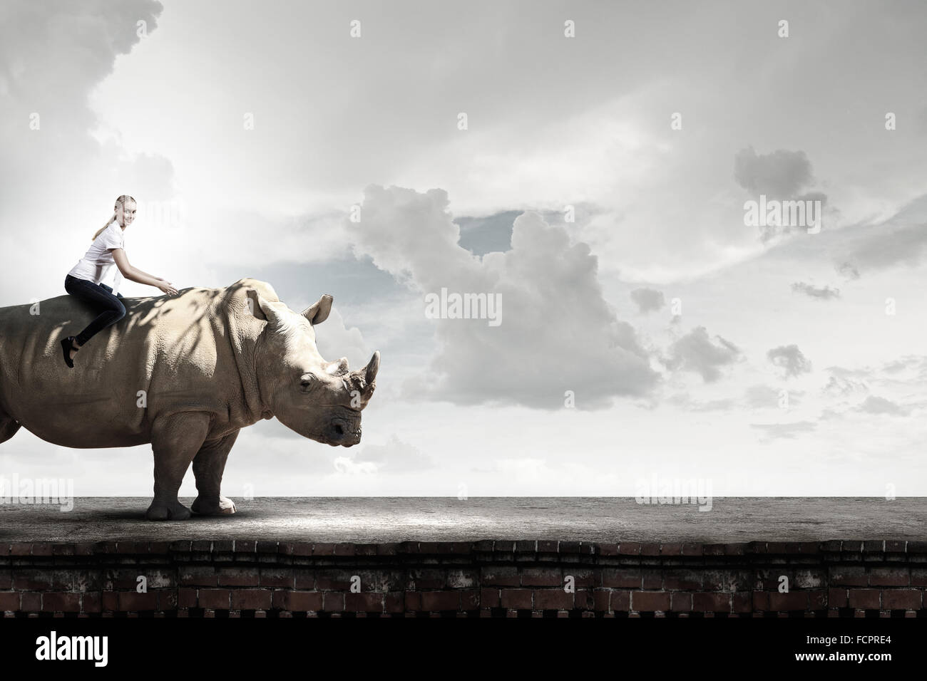 Young pretty fearless woman riding huge rhino Stock Photo - Alamy