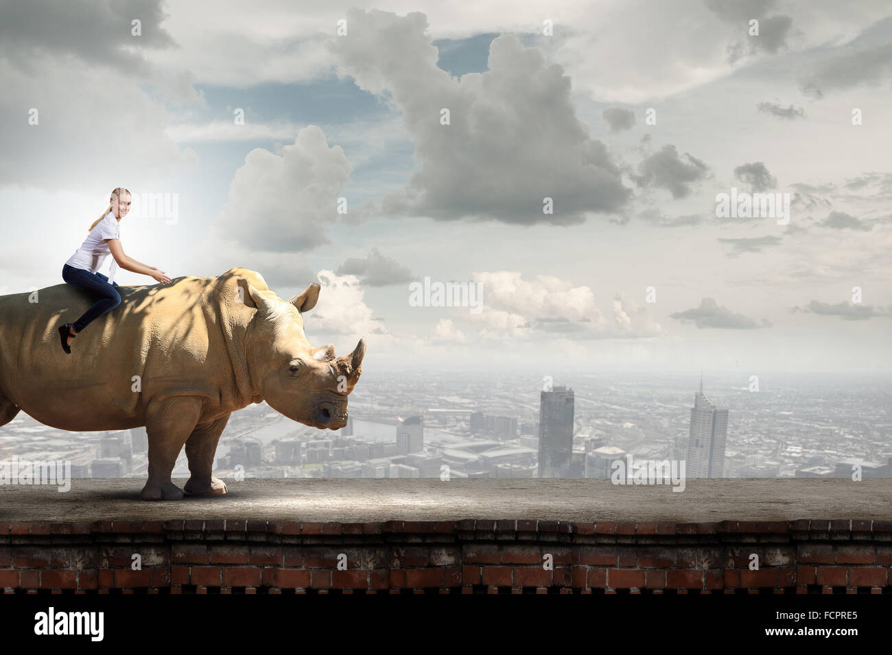 Young pretty fearless woman riding huge rhino Stock Photo - Alamy