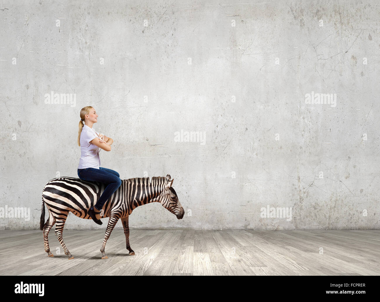 Young pretty fearless woman riding zebra animal Stock Photo - Alamy