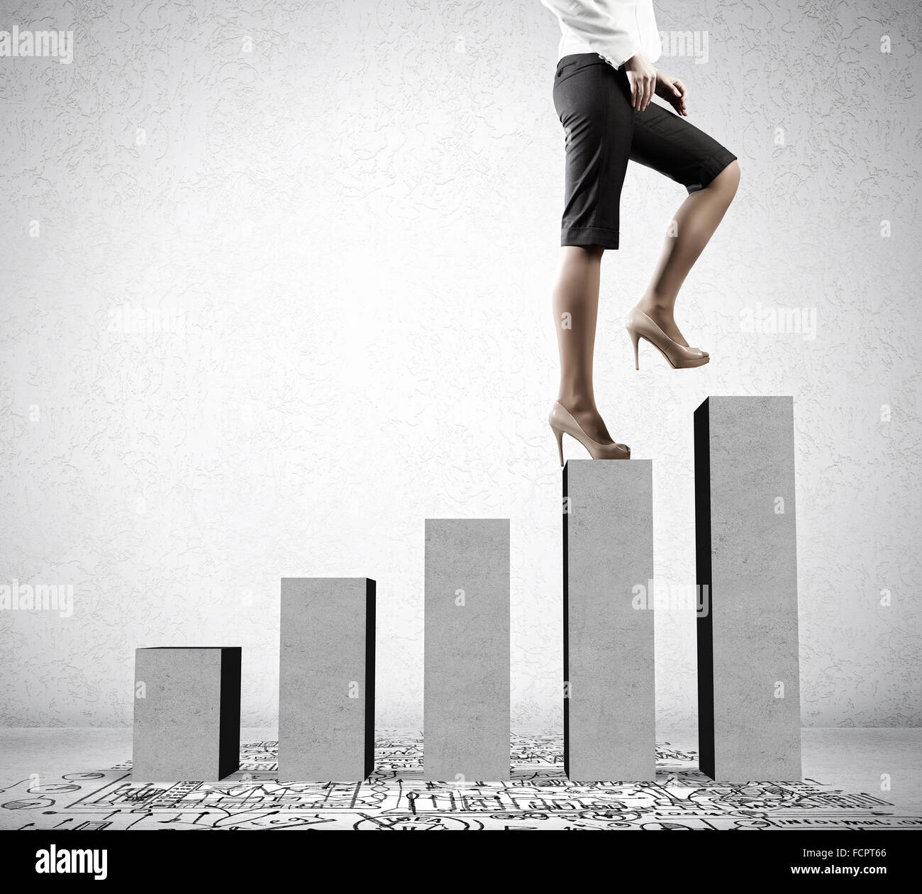 Young businesswoman stepping up on chart bar Stock Photo - Alamy