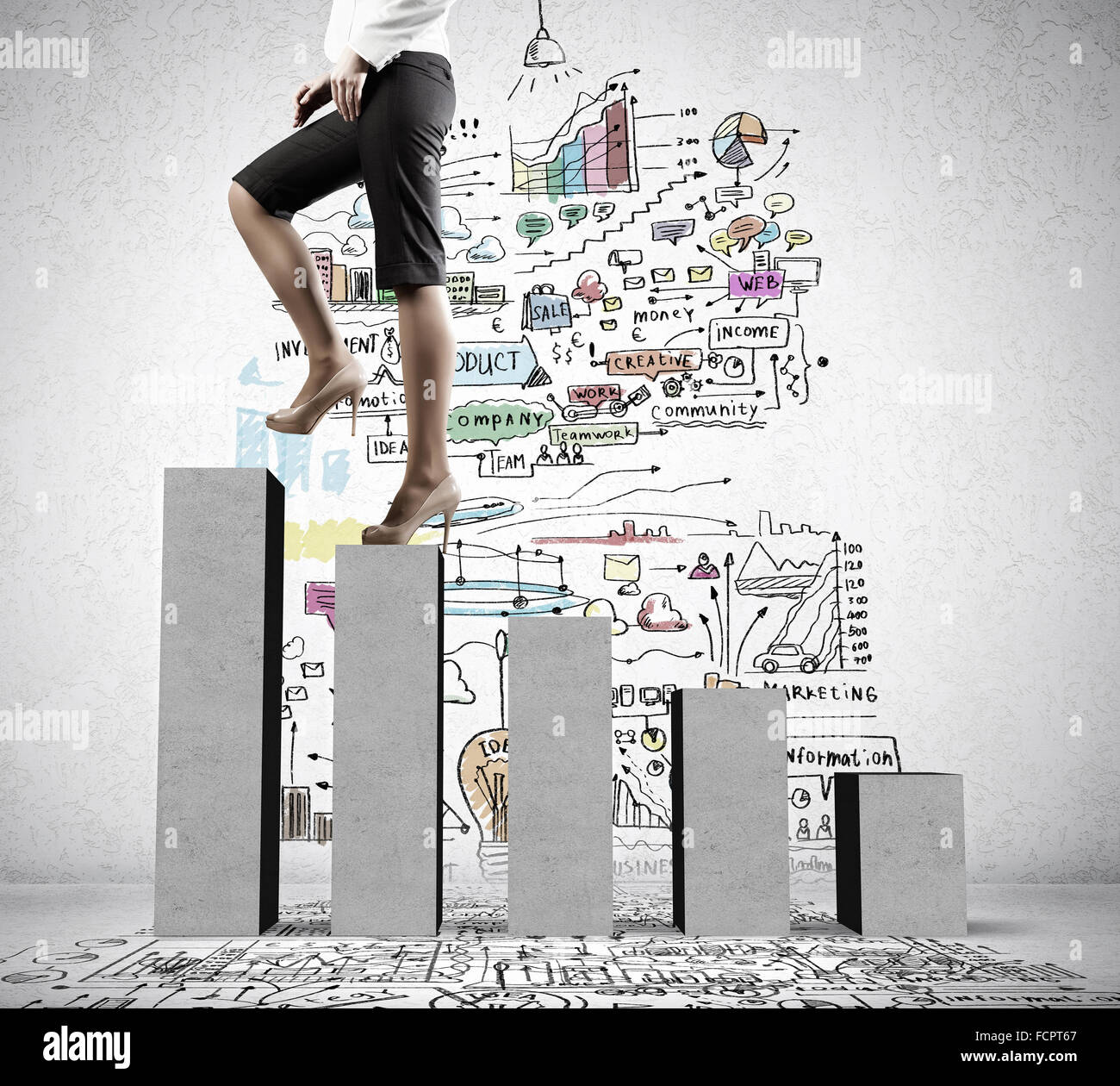 Young businesswoman stepping up on chart bar Stock Photo - Alamy