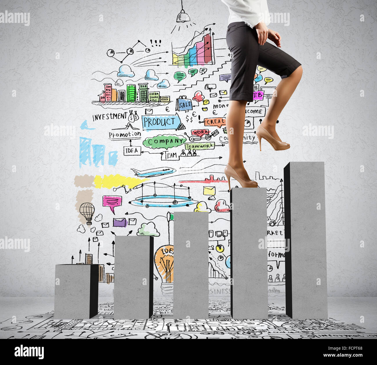 Young businesswoman stepping up on chart bar Stock Photo - Alamy