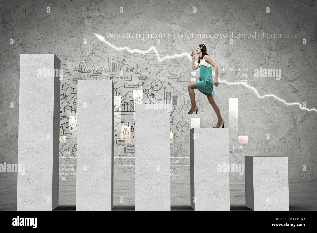 Young businesswoman stepping up on chart bar Stock Photo - Alamy