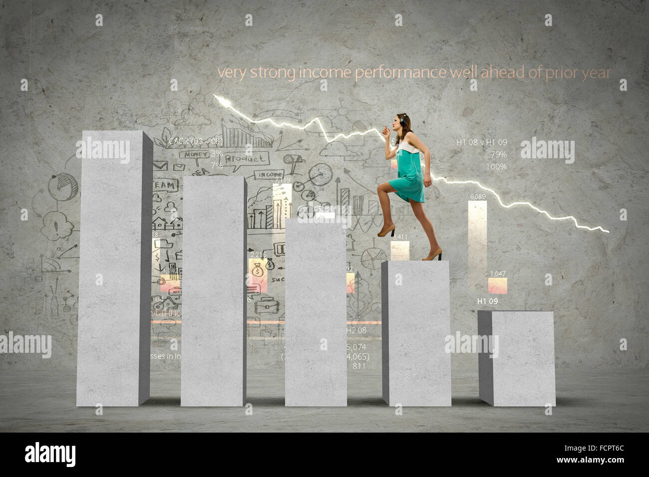 Young businesswoman stepping up on chart bar Stock Photo - Alamy