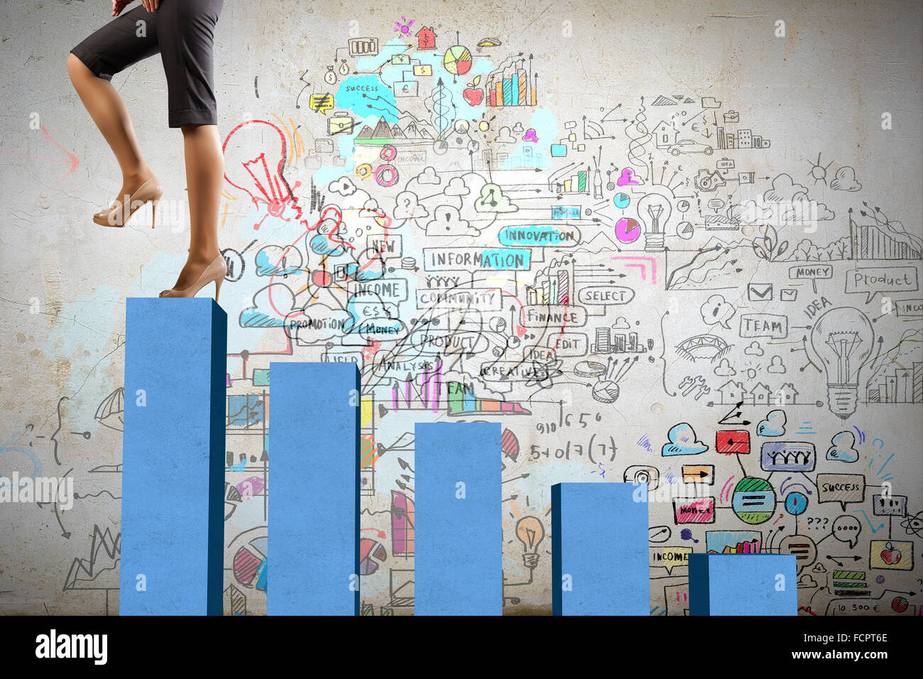 Young businesswoman stepping up on chart bar Stock Photo - Alamy