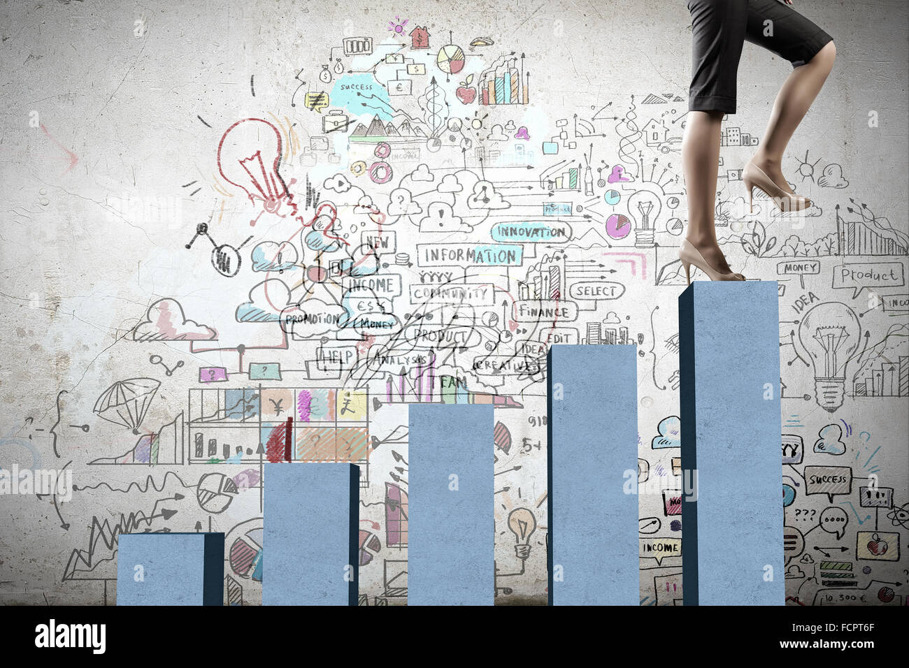 Young businesswoman stepping up on chart bar Stock Photo - Alamy