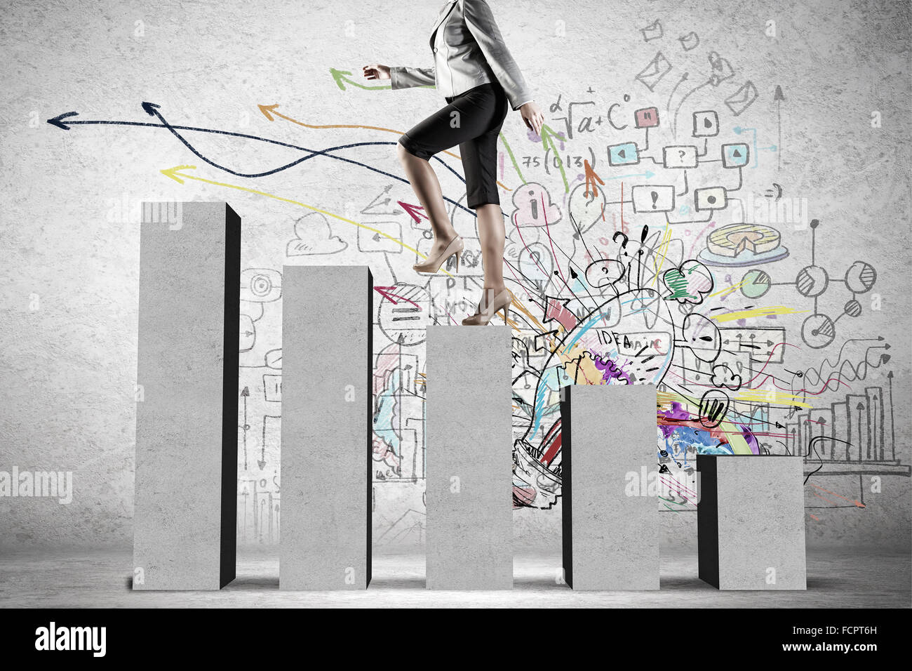 Young businesswoman stepping up on chart bar Stock Photo - Alamy