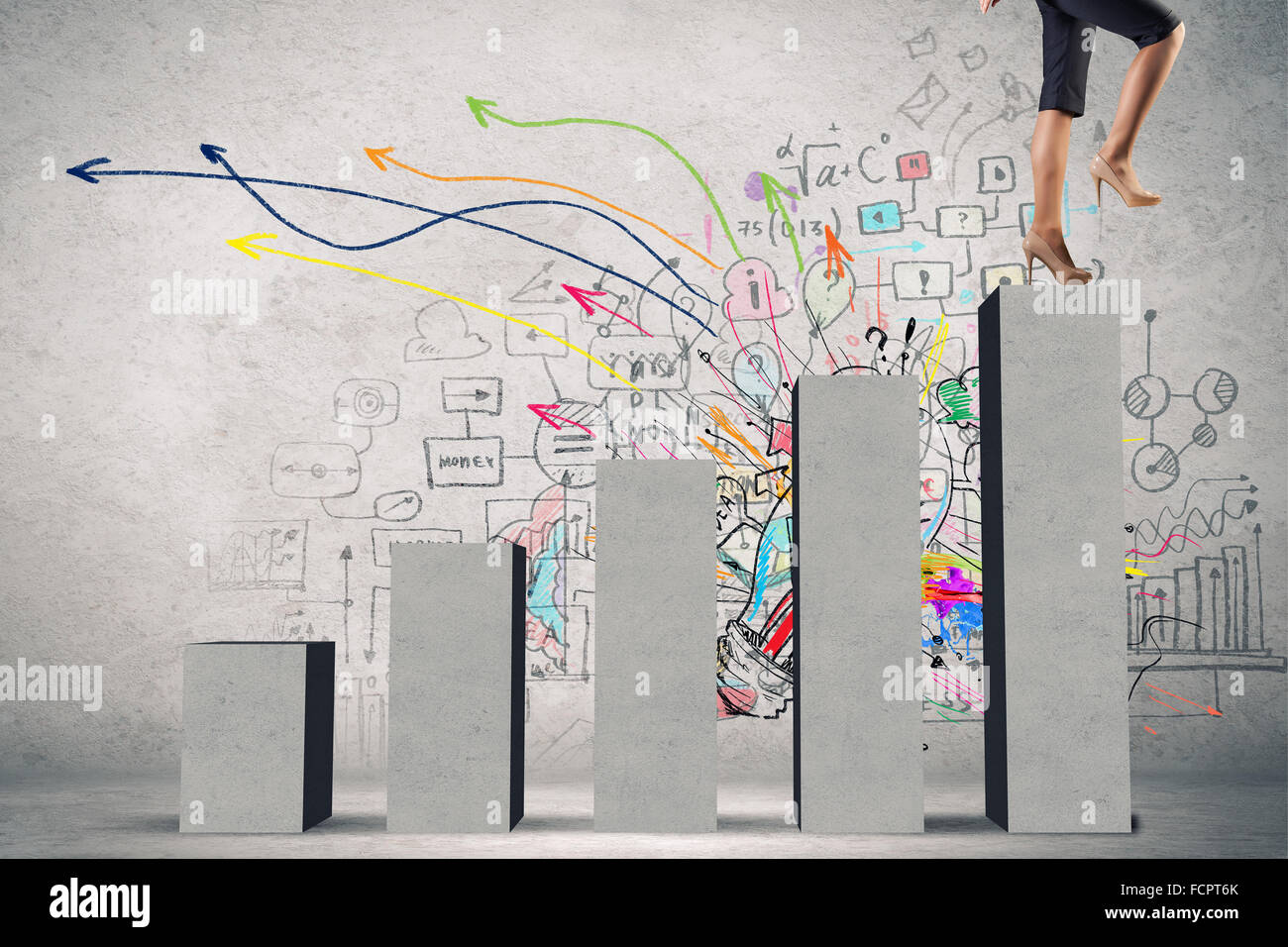 Young businesswoman stepping up on chart bar hi-res stock photography ...
