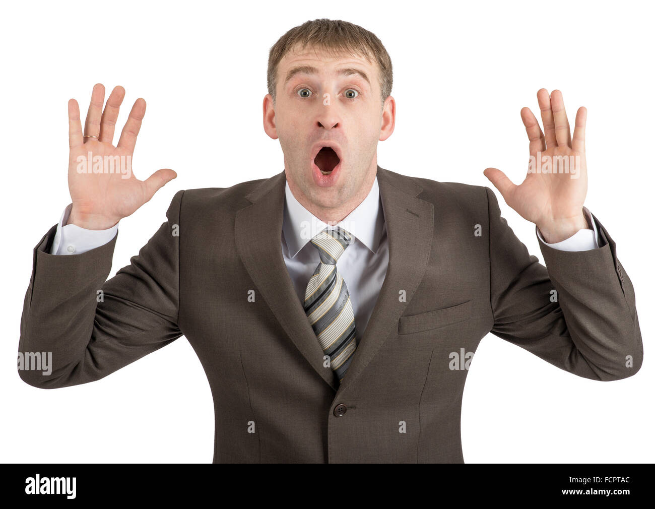 Surprised businessman on white Stock Photo - Alamy