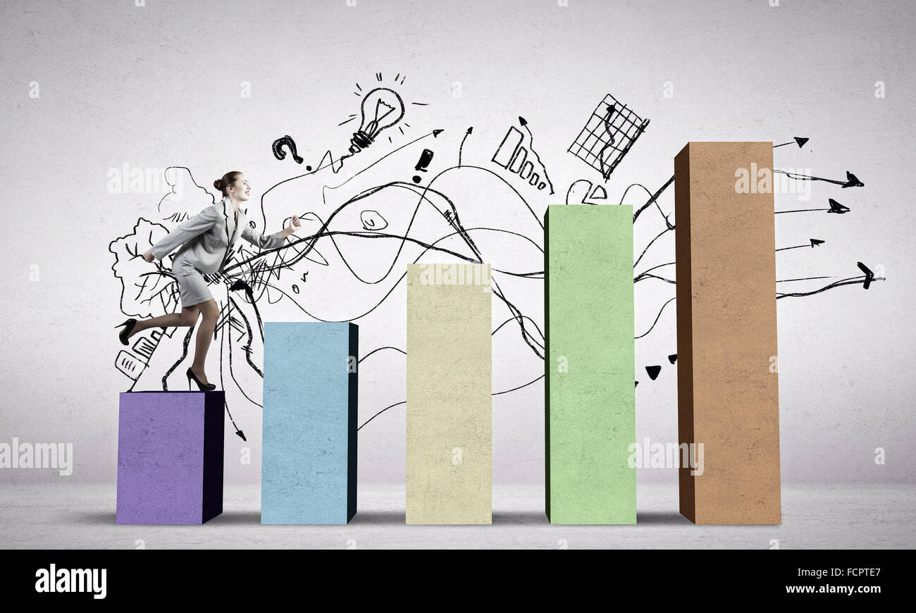 Young businesswoman stepping up on chart bar Stock Photo - Alamy