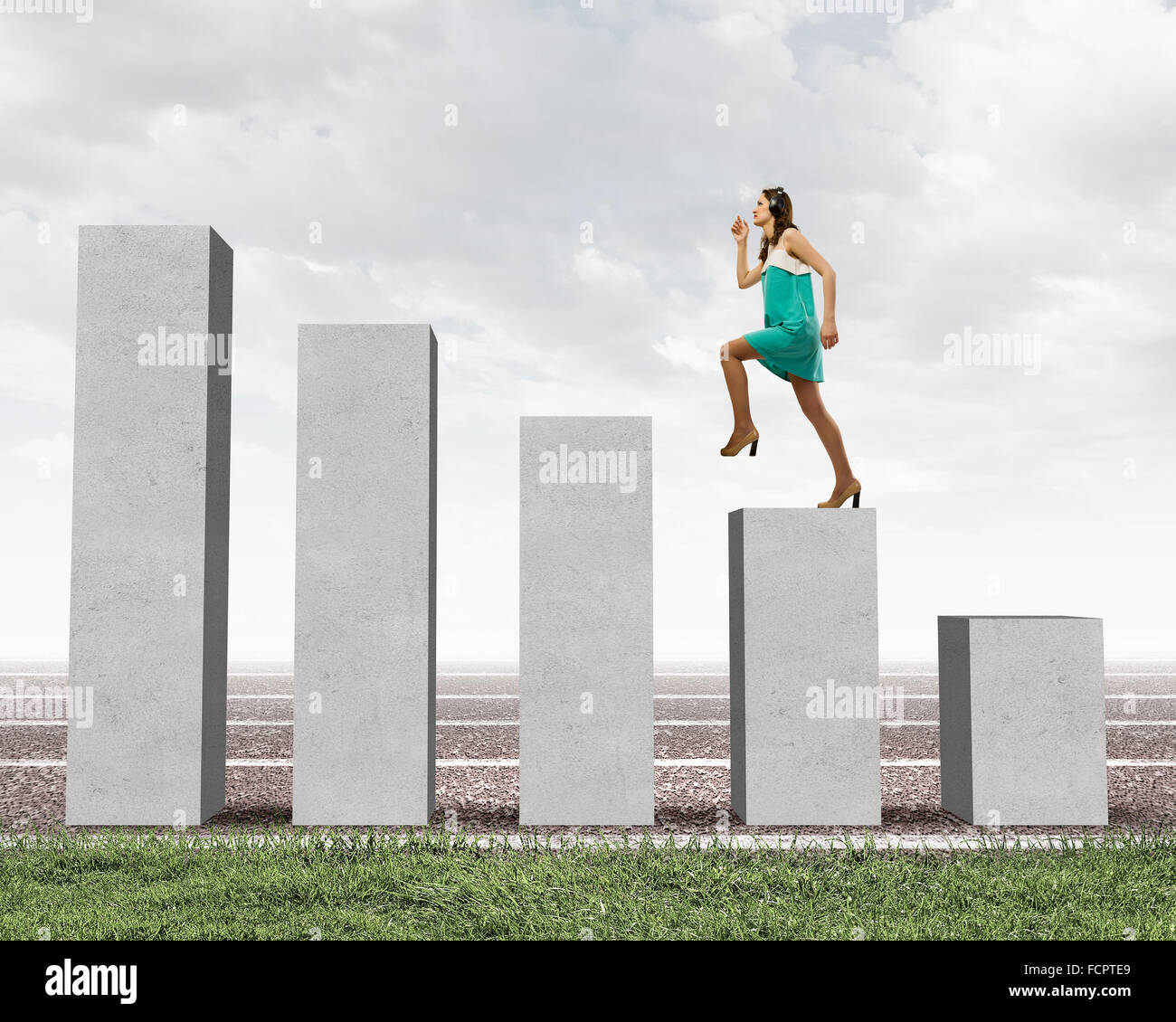 Young businesswoman stepping up on chart bar hi-res stock photography ...