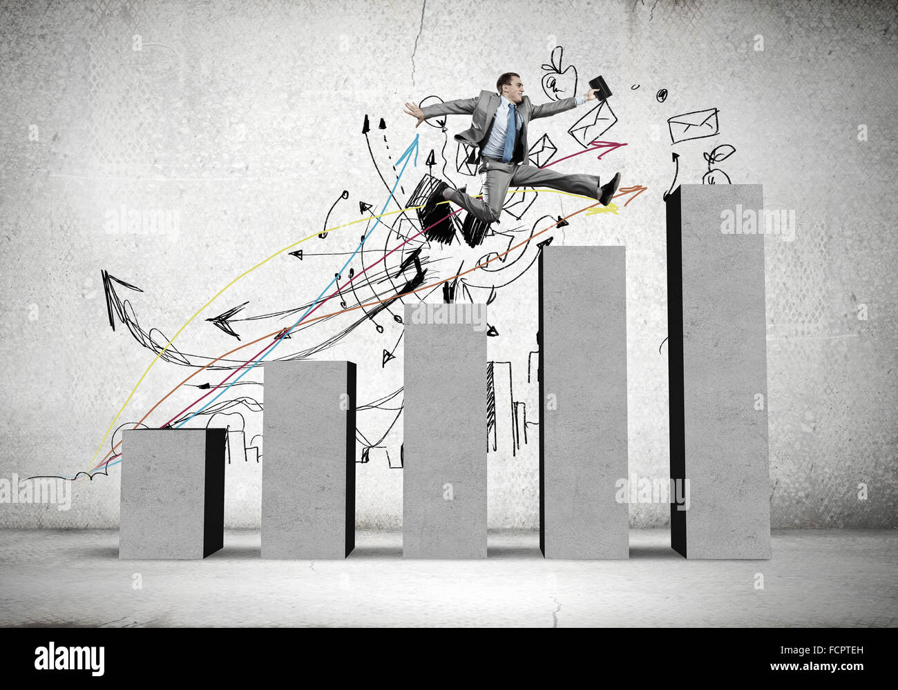 Young businessman stepping up on chart bar Stock Photo - Alamy