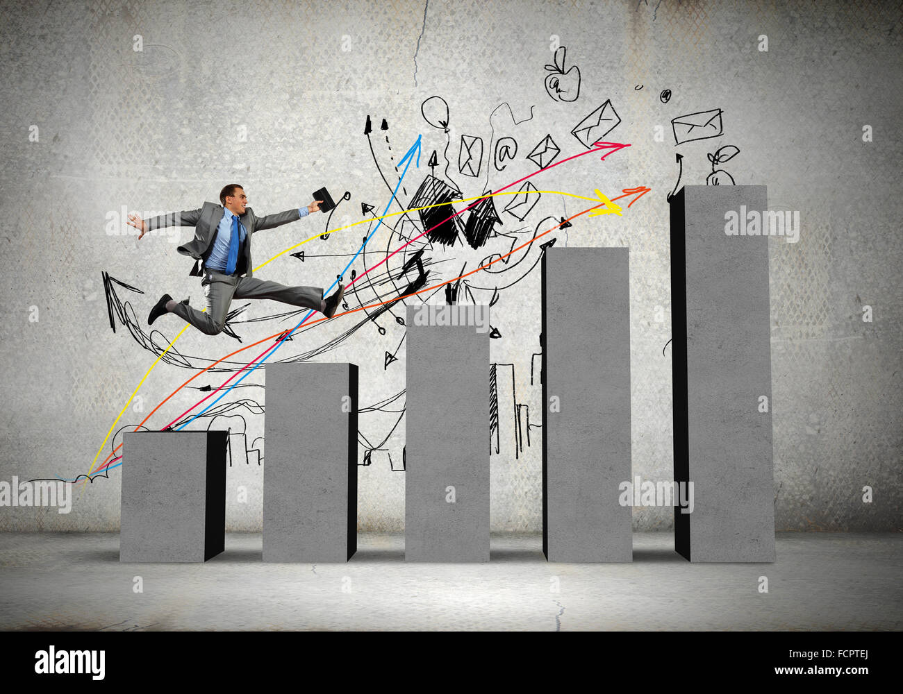 Young businessman stepping up on chart bar Stock Photo - Alamy