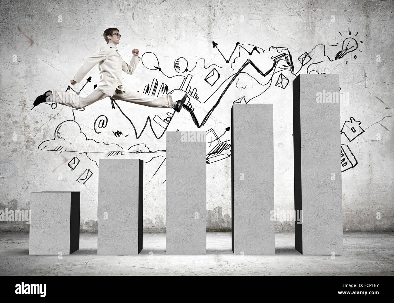 Young businessman stepping up on chart bar Stock Photo - Alamy