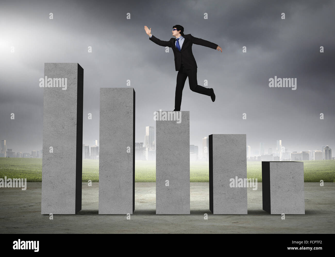 Young businessman stepping up on chart bar Stock Photo - Alamy