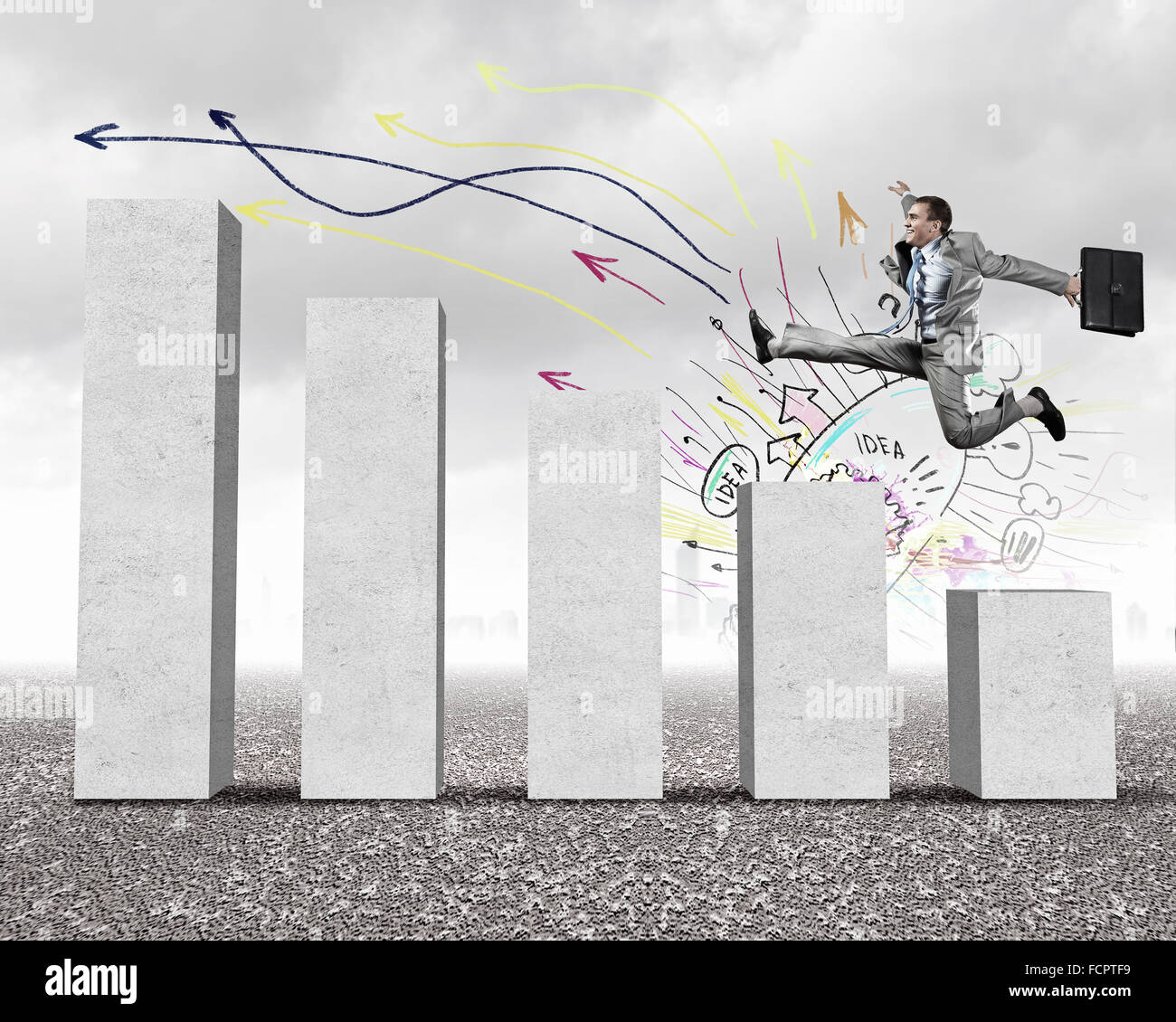 Young businessman stepping up on chart bar Stock Photo - Alamy