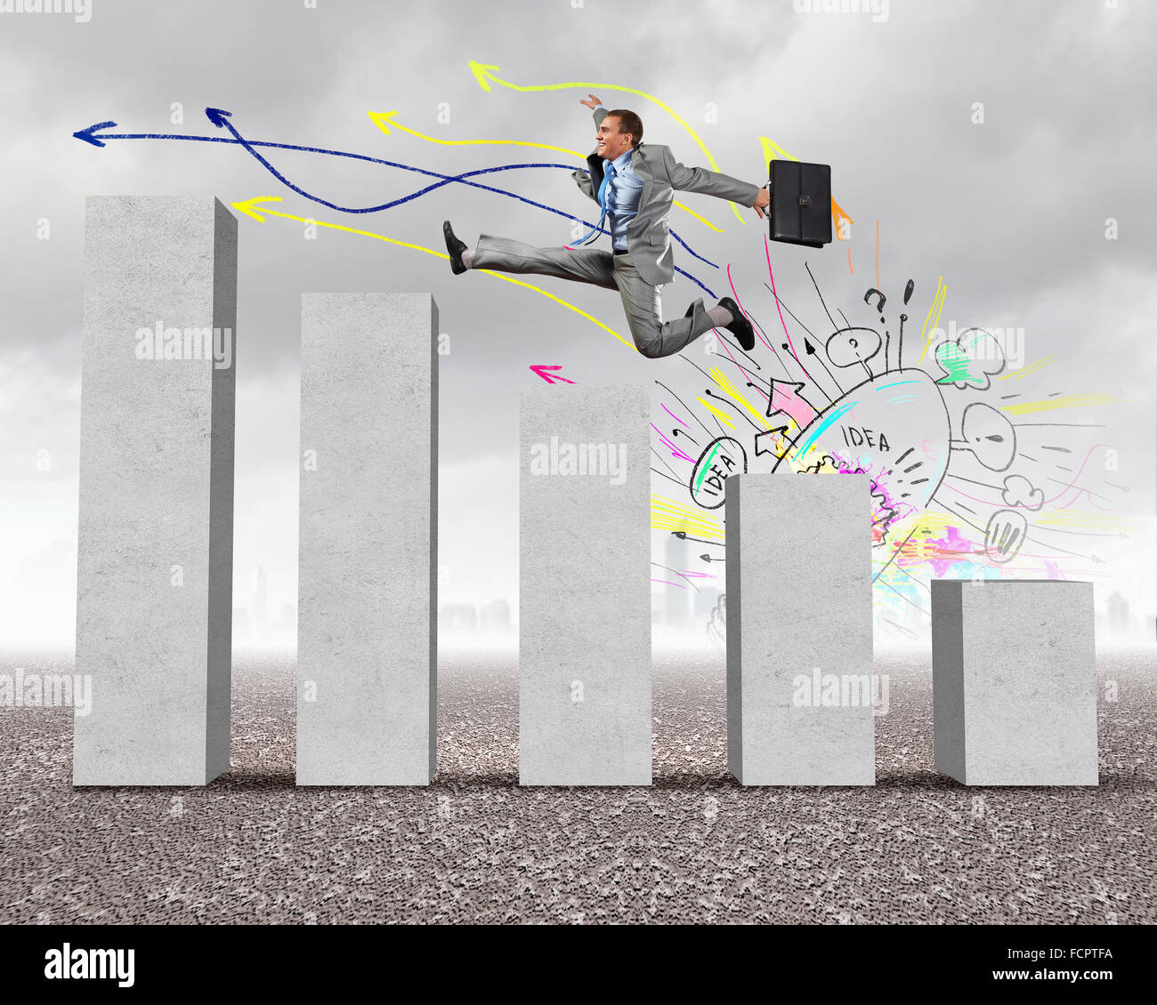 Young businessman stepping up on chart bar Stock Photo - Alamy