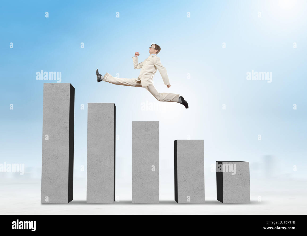Young businessman stepping up on chart bar Stock Photo - Alamy