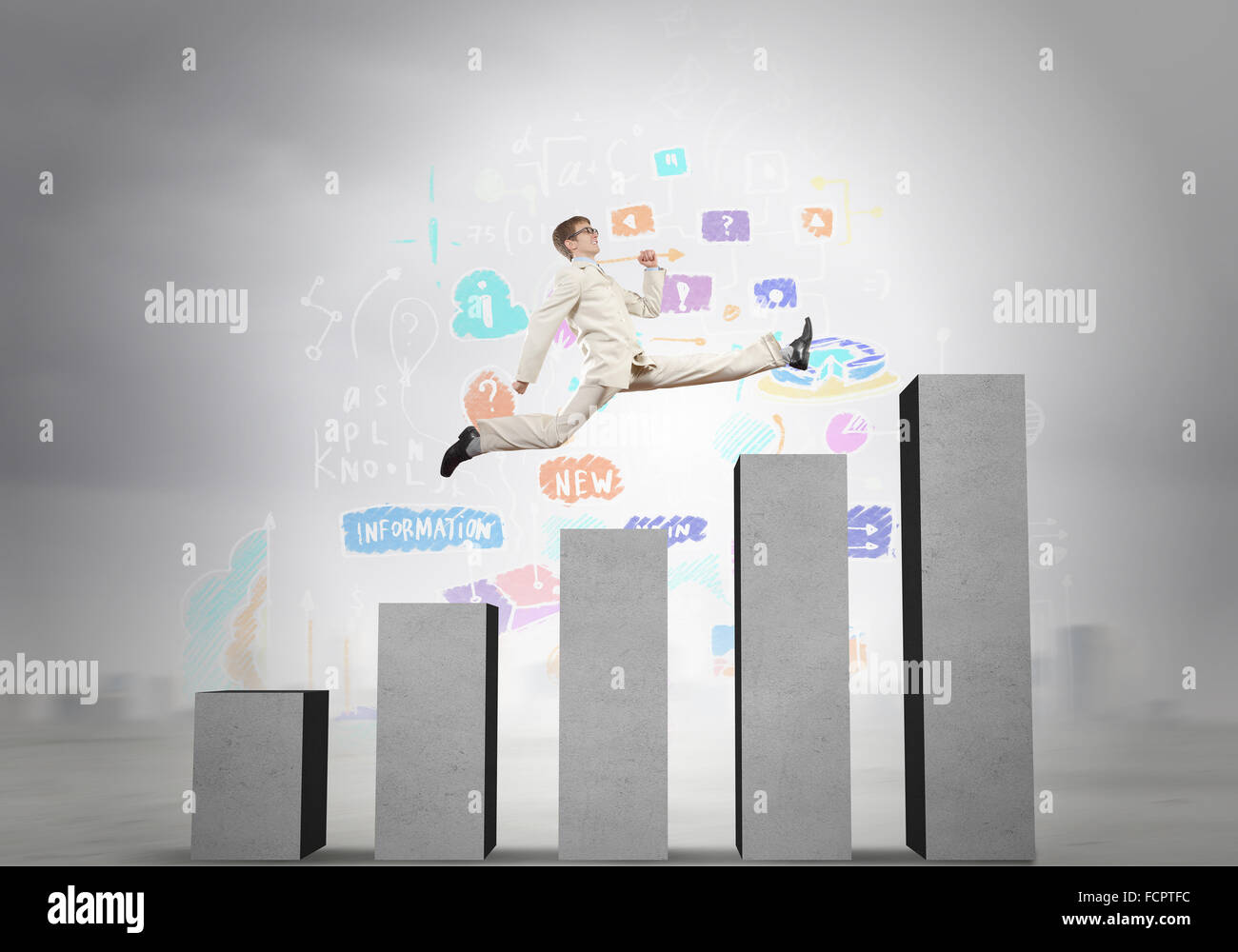 Young businessman stepping up on chart bar Stock Photo - Alamy