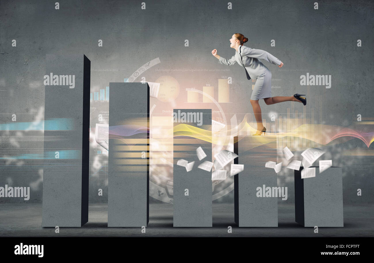 Young businesswoman stepping up on chart bar Stock Photo - Alamy